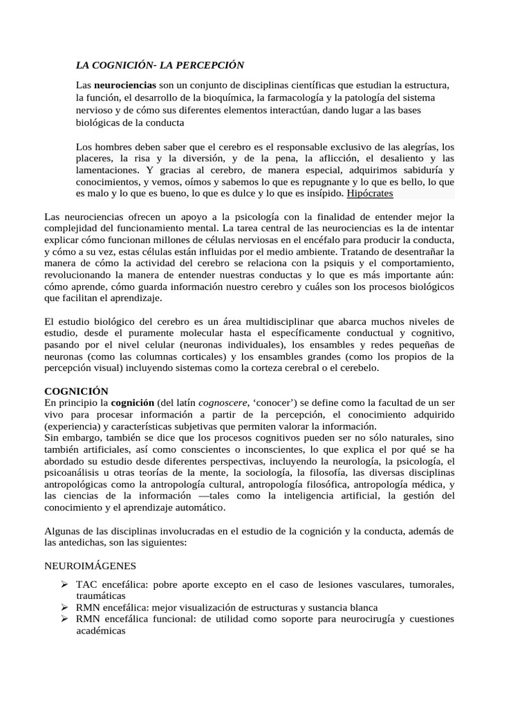 Cognición y Percepción en Neurociencias | PDF | Percepción | Neurociencia