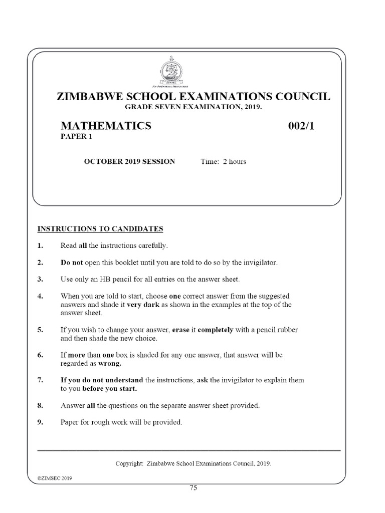 Zimsec Grade 7 Mathematics October 2019 Past Exam Question Paper 2 | PDF