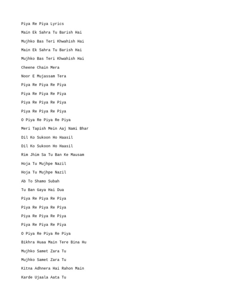Piya Re Piya Lyrics | PDF