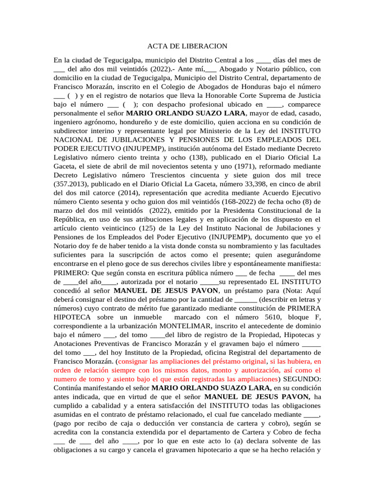 Acta de Liberacion de Hipoteca Manuel Pavon | PDF | Gobierno