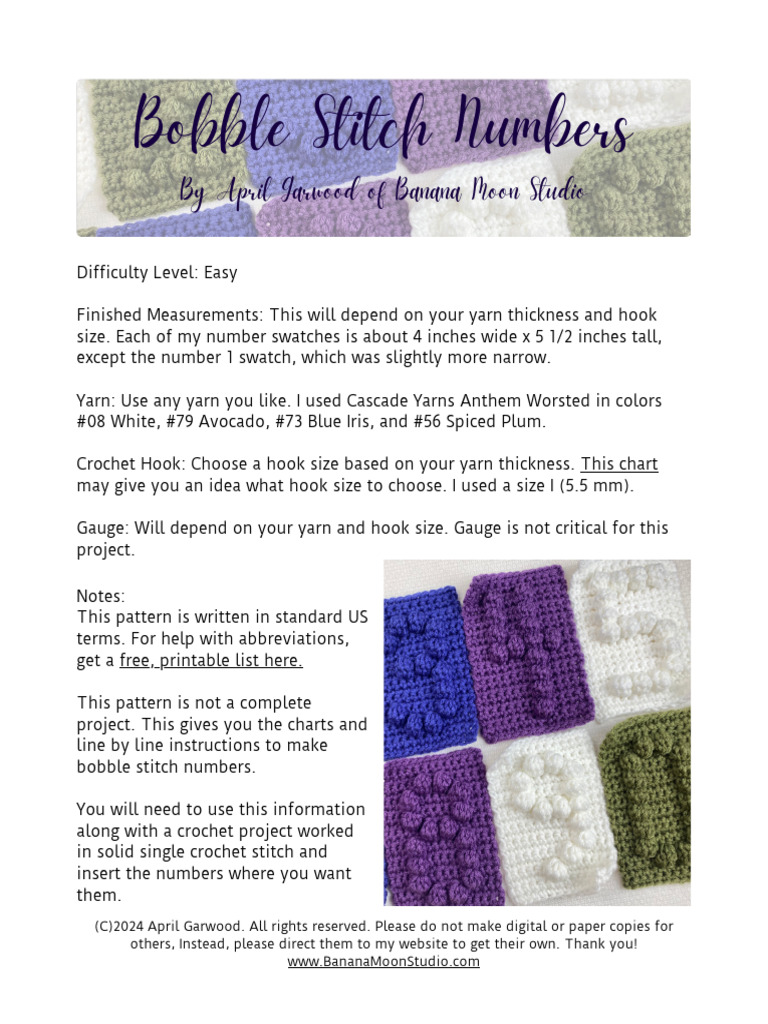 Bobble Stitch Numbers Ebook Banana Moon Studio | PDF | Crochet | Woven Fabrics