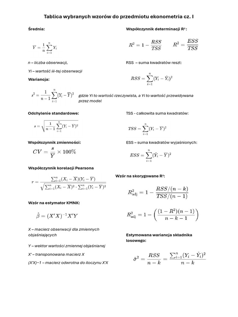 Wzory Ekonometria | PDF
