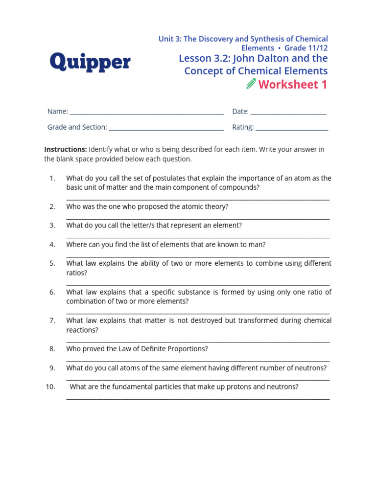 Dalton's Atomic Theory Worksheet | PDF | Chemical Elements | Chemistry