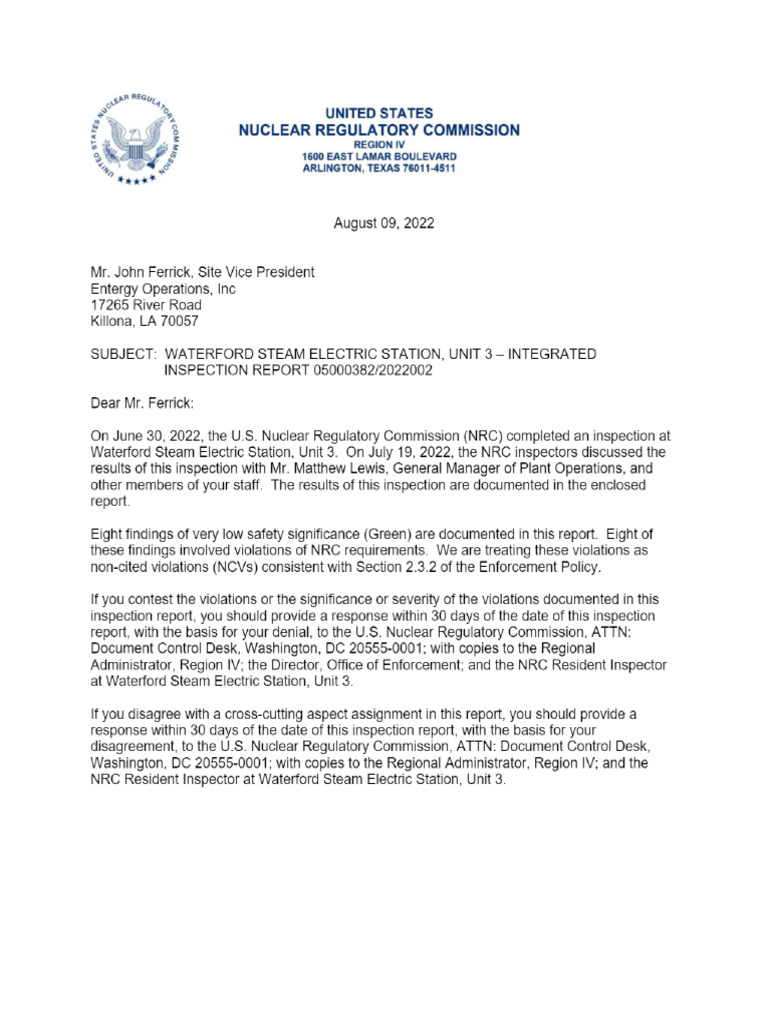 Waterford 3 NRC viola | PDF