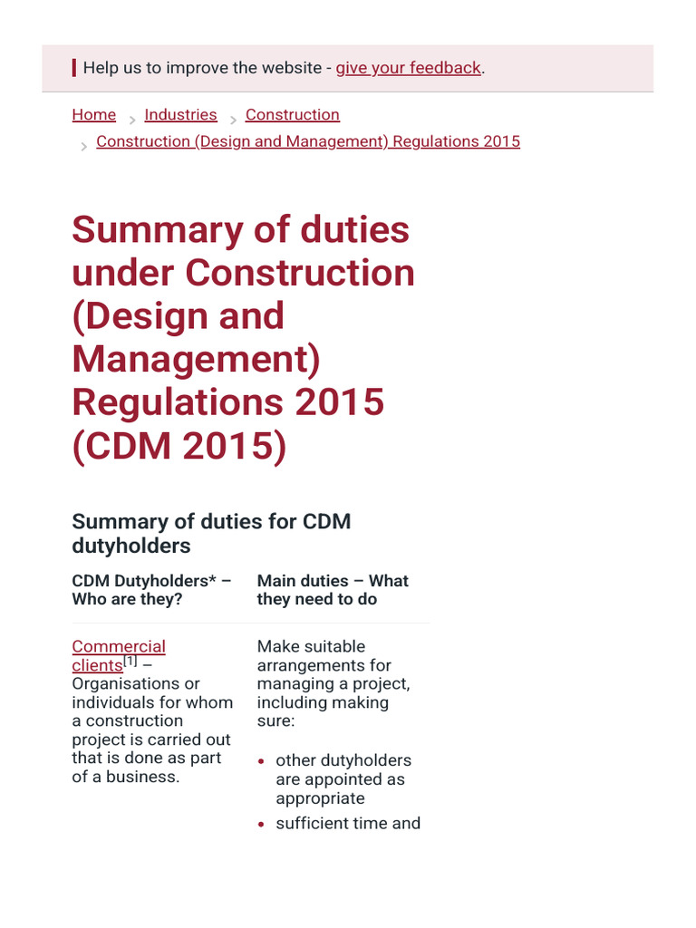 Summary of duties under Construction (Design and Management ...