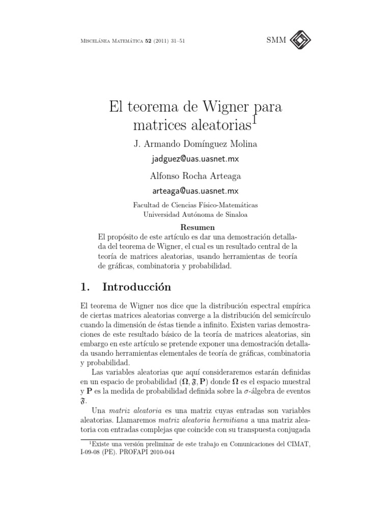 El Teorema de Wigner para Matrices Aleatorias | PDF | Teoría de ...