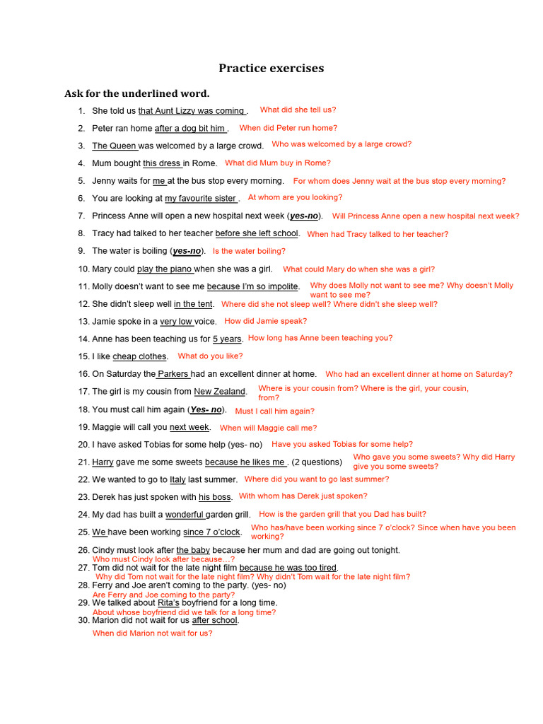 Practice Exercises for Question Formation | PDF