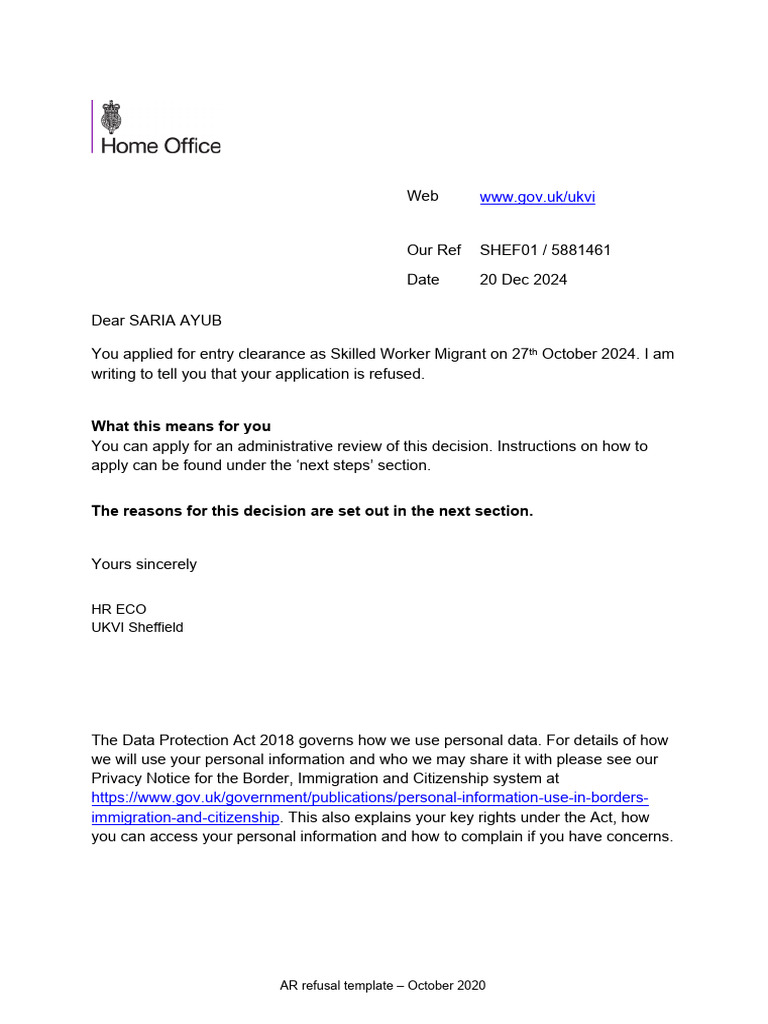 Skilled Worker Visa Refusal Notice Template | PDF | Reputation