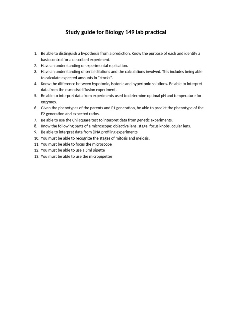 Biology 149 Lab Practical Study Guide | PDF