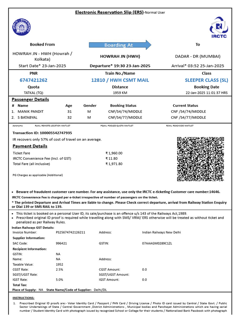 HWH CSMT Mail Sleeper Class (SL) : Electronic Reservation Slip (ERS) | PDF | Identity Document ...