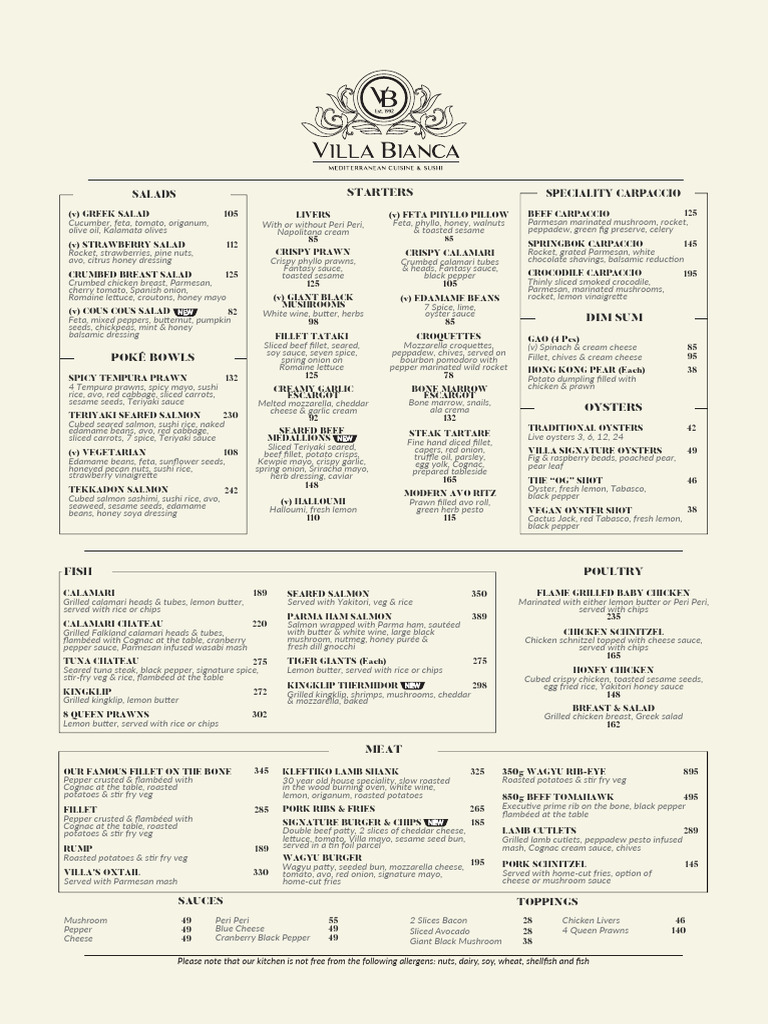 Villa Menu: Oysters, Poultry & Meat Dishes | PDF | Sushi | Grilling