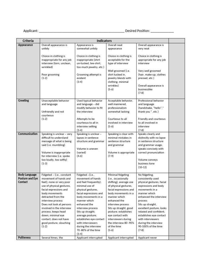 Criteria For Interview Pdf Body Language Human Communication