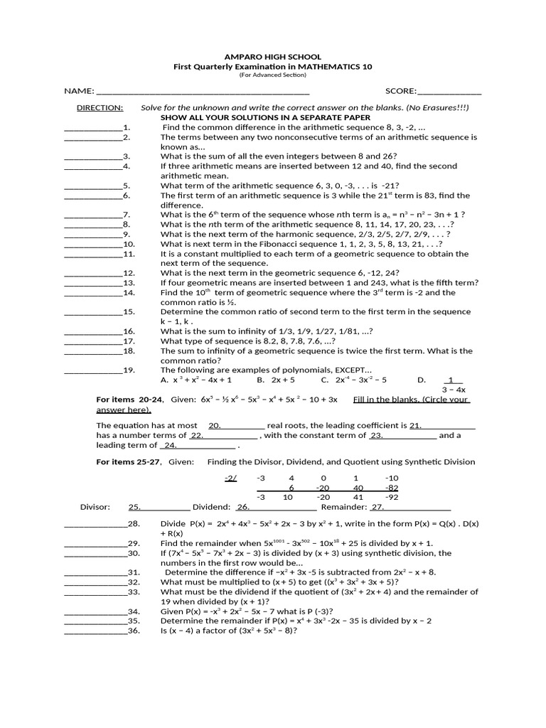 FirstQuarterExam | PDF | Factorization | Division (Mathematics)