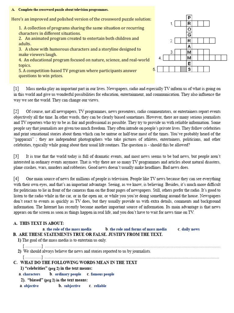 1 Bac Reading - Mass Media 2 | PDF | News | Mass Media