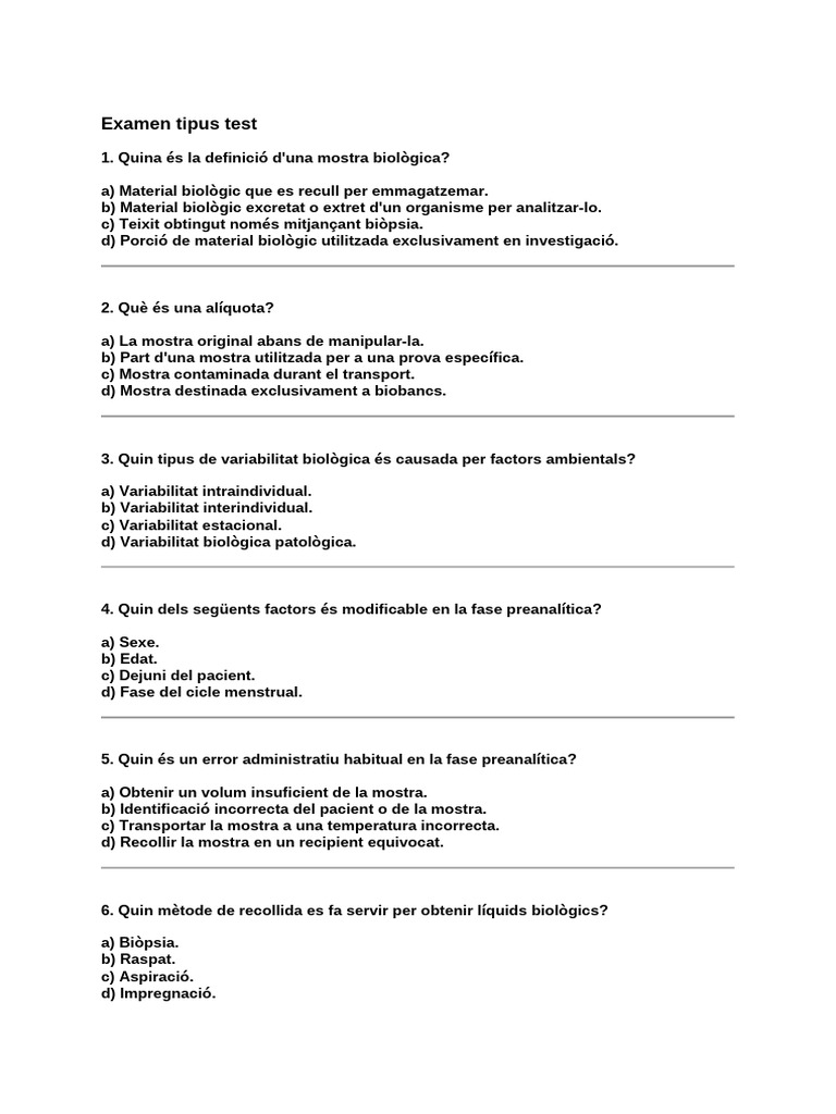 Examen Tipus Test BLOC 3,4,5 GMB | PDF