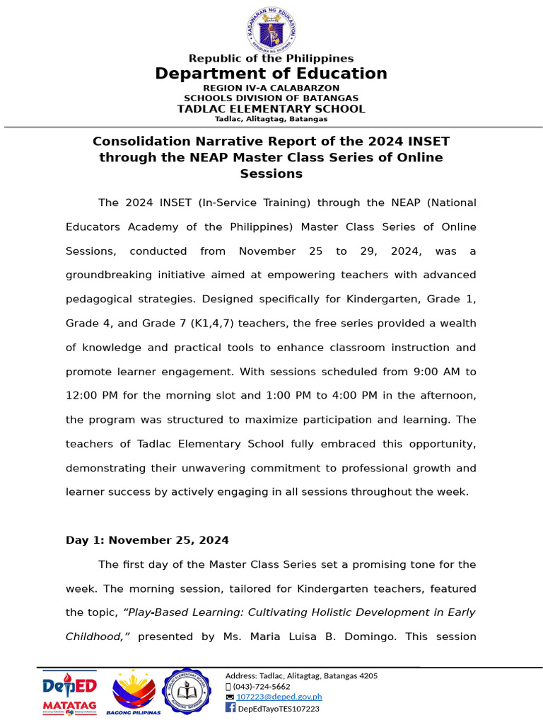 Consolidation Narrative Report of The 2024 INSET Through The NEAP Master Class Series of Online ...