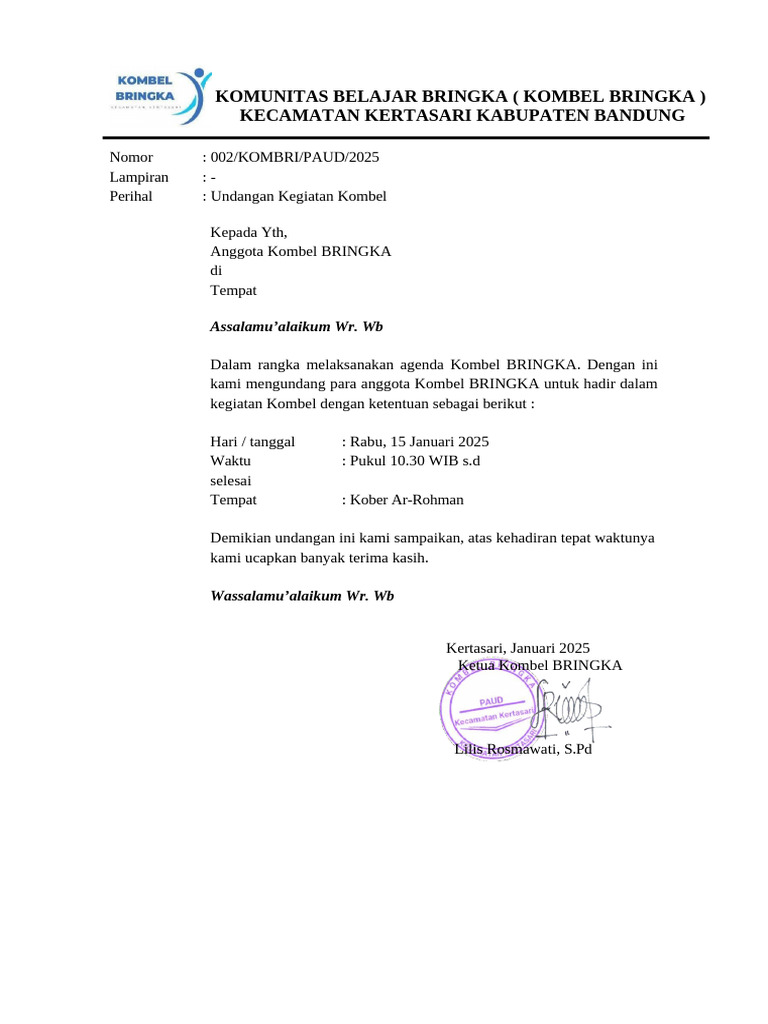 Surat Undangan Kombel Bringka (Nov) | PDF