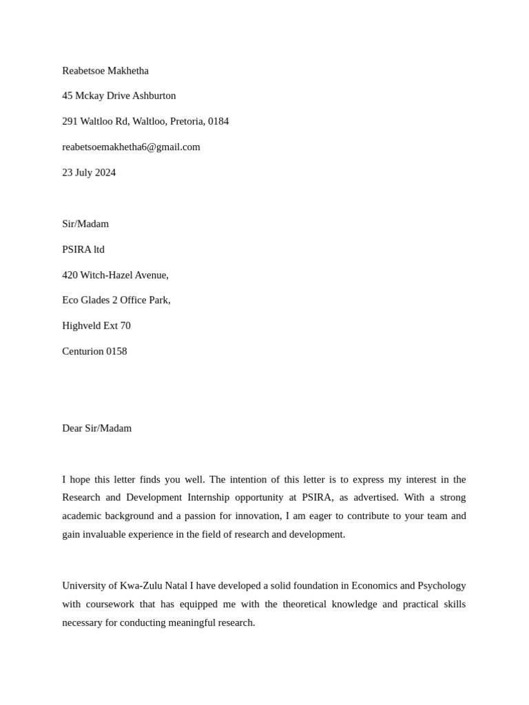 Motivational Letter PSIRA | PDF