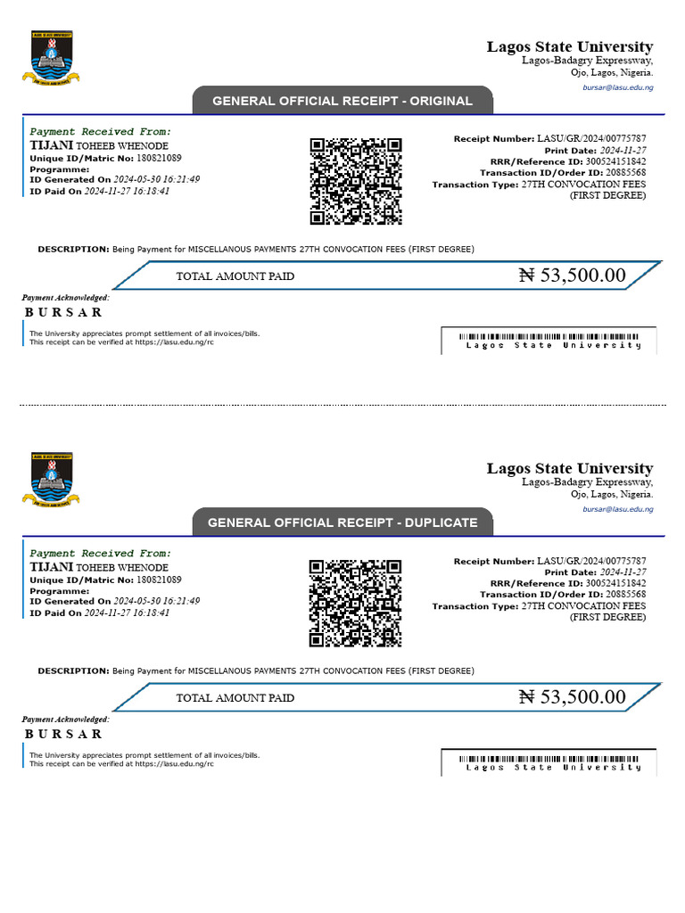 Receipt for TIJANI WHENODE _ Payment for MISCELLANOUS PAYMENTS 27TH CONVOCATION FEES (FIRST ...