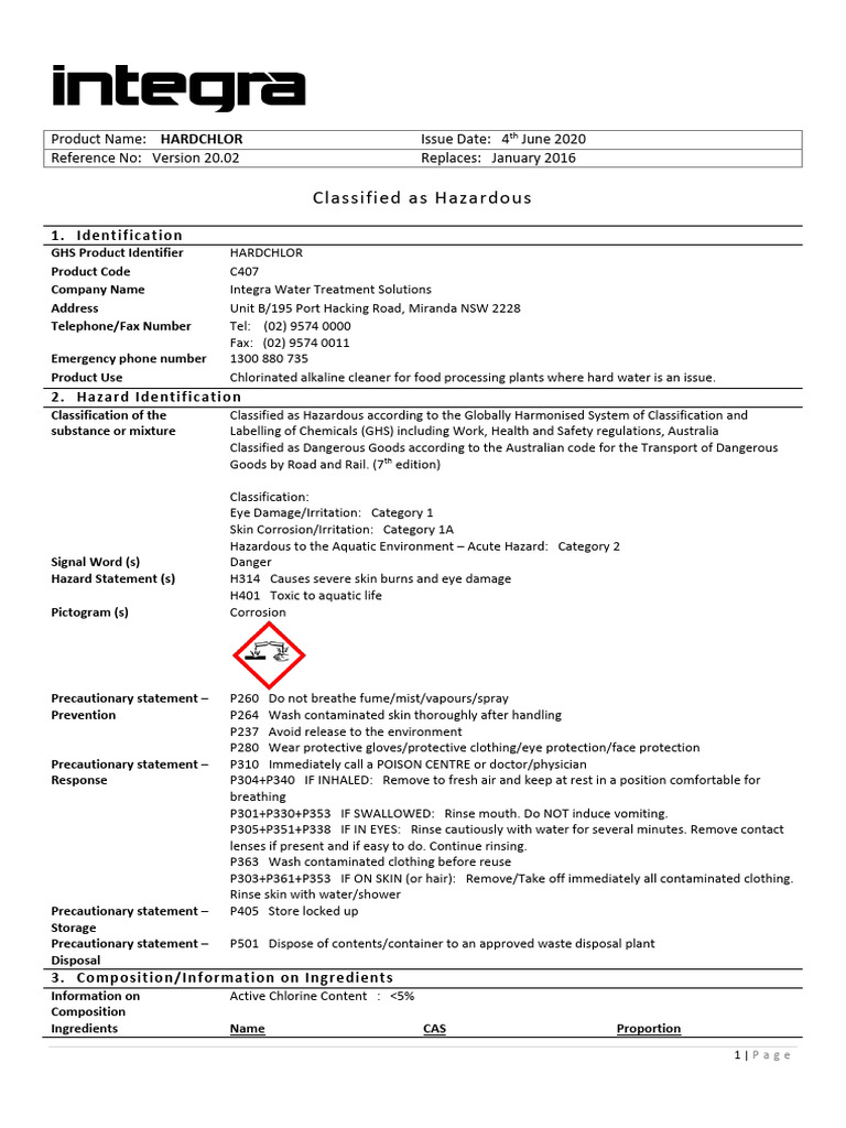 HARDCHLOR Safety Data Sheet Overview | PDF | Occupational Safety And ...