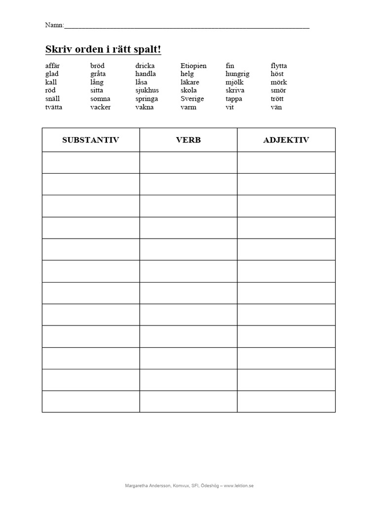 Lektion Sortera-Skriv - Substantiv-Verb-Adjektiv | PDF