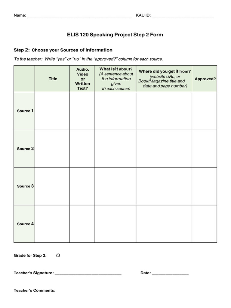 ELIS 120 Speaking Project Step 2 Form 2024-2025 2 | PDF