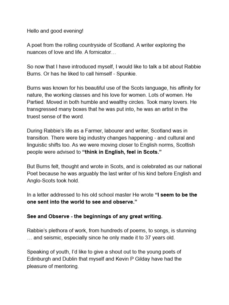 Immortal Memory Burns Speech Cat Hepburn 2023 | PDF | Scots Language