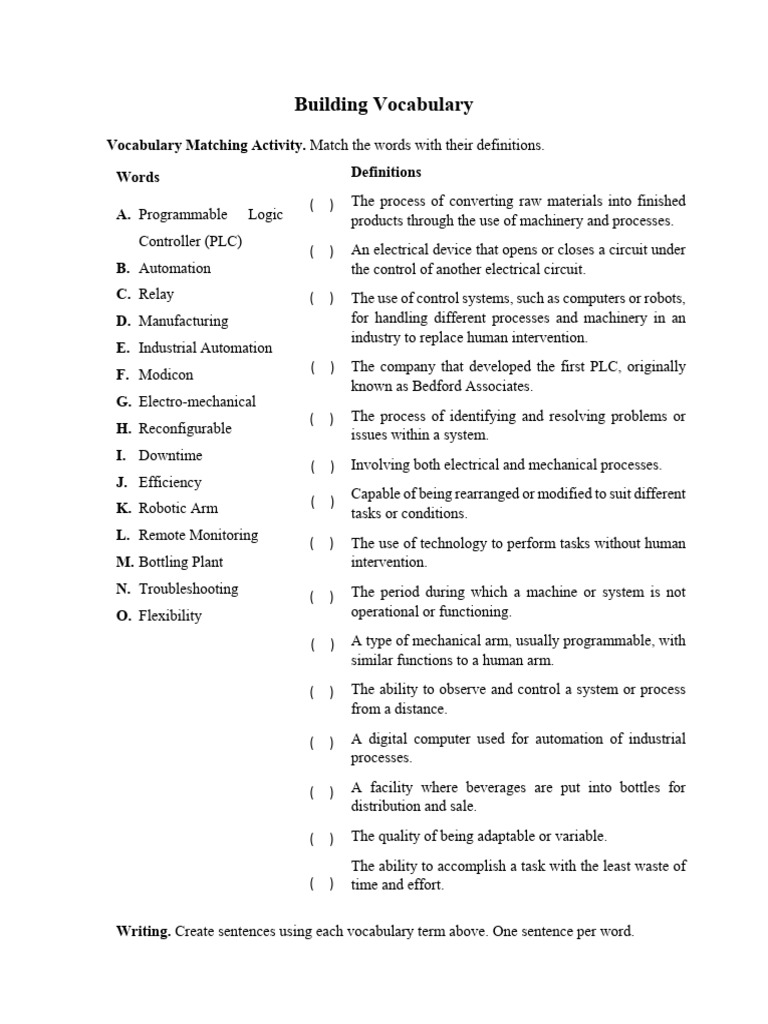 Vocabulary Matching and Sentence Activity | PDF | Automation ...