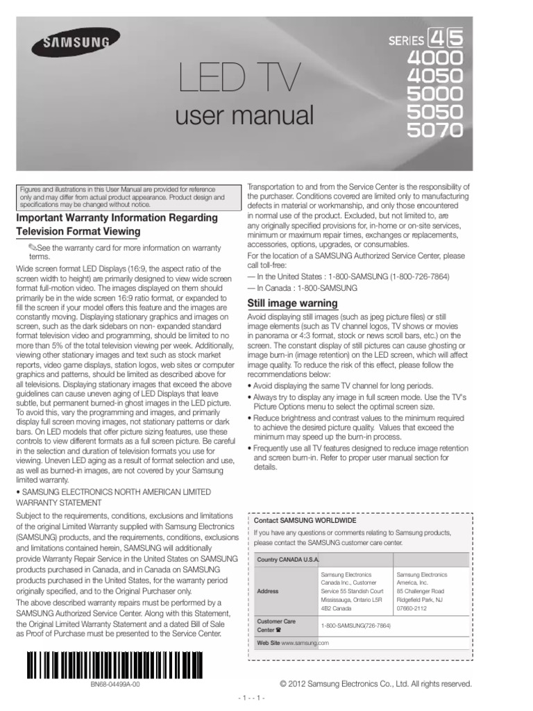 Samsung UN40EH5000 User Manual | PDF | Video | Television