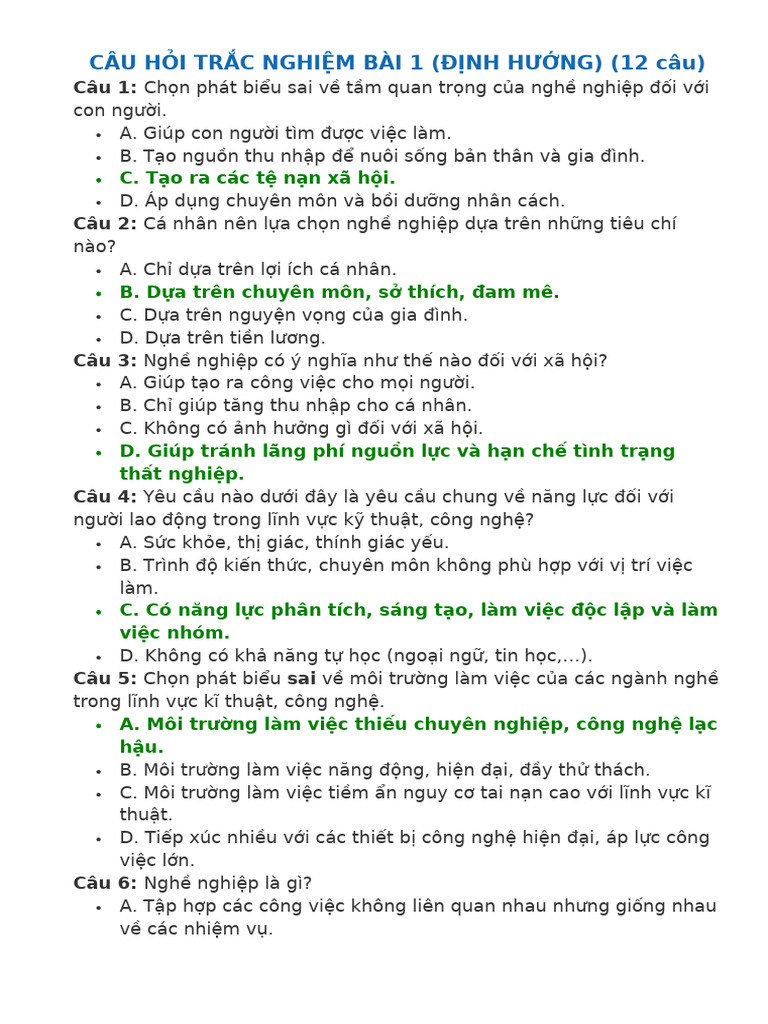 CÂU HỎI TRẮC NGHIỆM ĐỊNH HƯỚNG CN9 | PDF