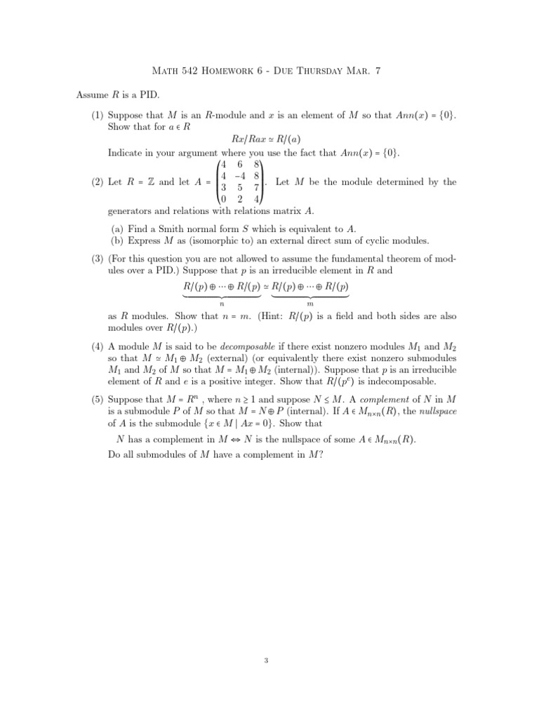 Math 542 Homework 6: R-Modules and Smith Form | PDF