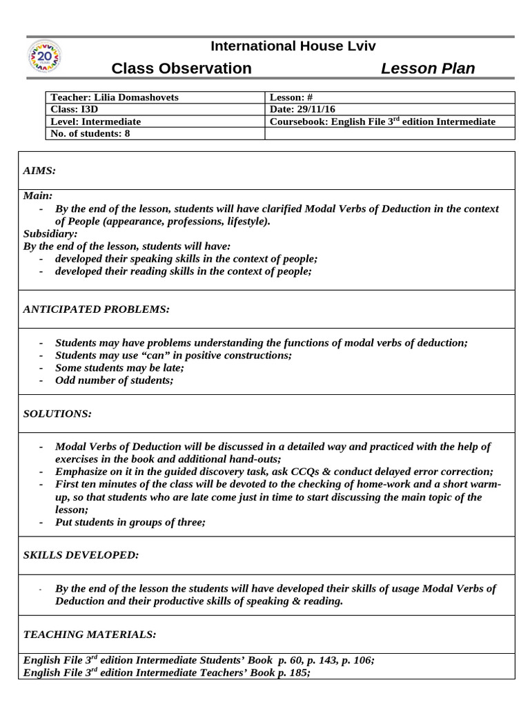 CELTA Lesson Plan (Modal Verbs) | PDF | Vocabulary | Lesson Plan