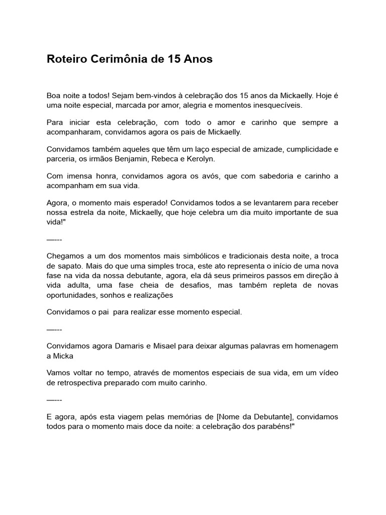 Roteiro Cerimônia de 15 Anos | PDF Roteiro Cerimônia de 15 Anos | PDF