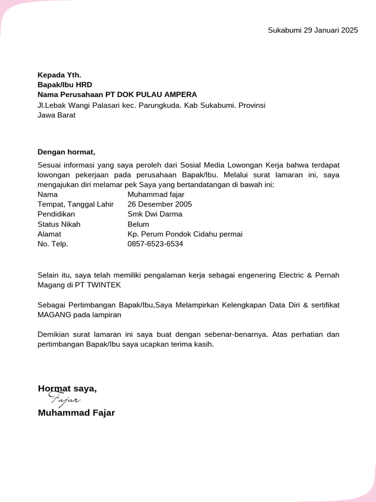 Surat Lamaran Kerja Muhammad Fajar | PDF