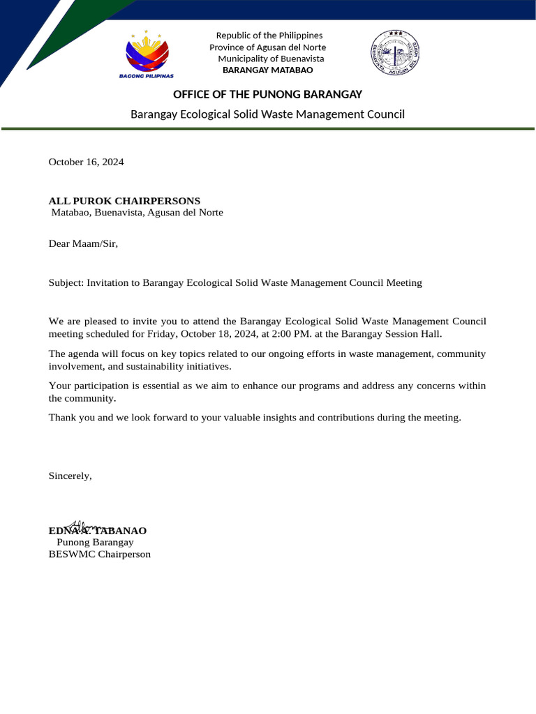 Communication Letter BESWMC MEETING - ALL PUROK CHAIRS | PDF