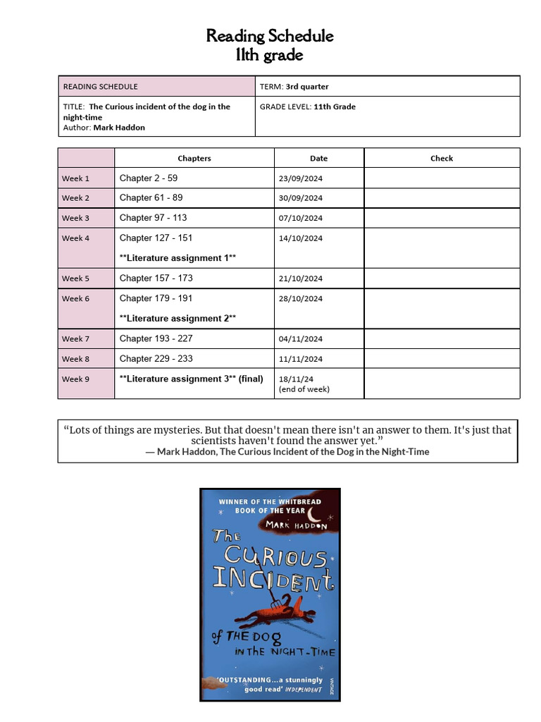 Reading Schedule - The Curious Incident of The Dog in The Night Time | PDF