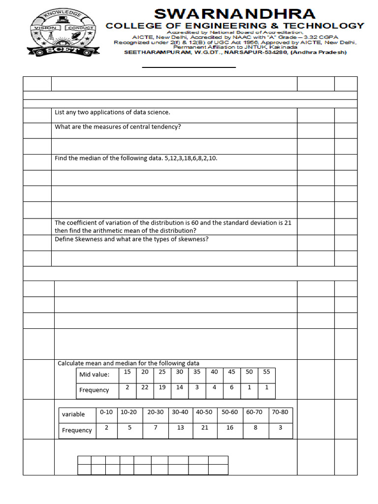 Mid 1 Probability & Statistics QB | PDF | Mean | Skewness
