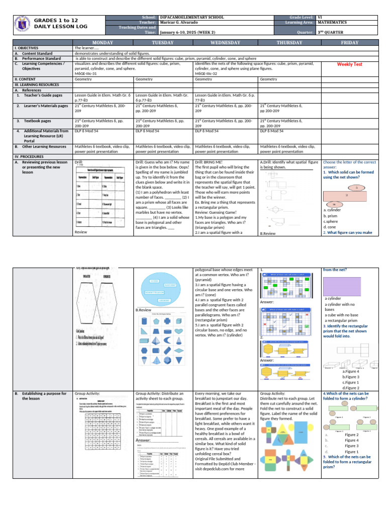 Grade 6 Math Daily Lesson Log | PDF | Triangle | Elementary Geometry