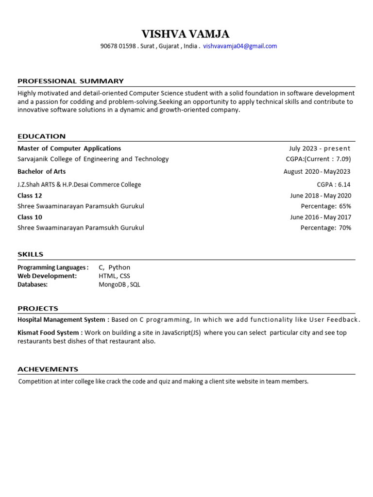 Computer Science Student Resume | PDF
