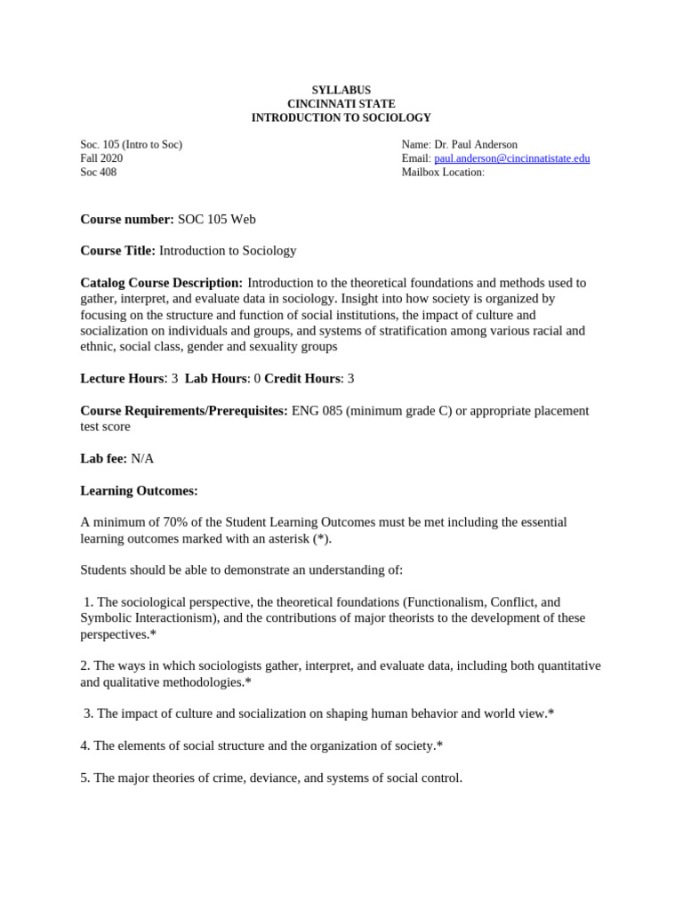 Soc 105 408 - Syllabus - FA20 - Anderson | PDF | Sociology | Academic Dishonesty