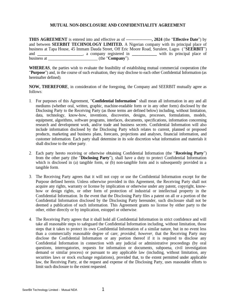 Mutual NDA - SeerBit Template | PDF | Non Disclosure Agreement | Common Law