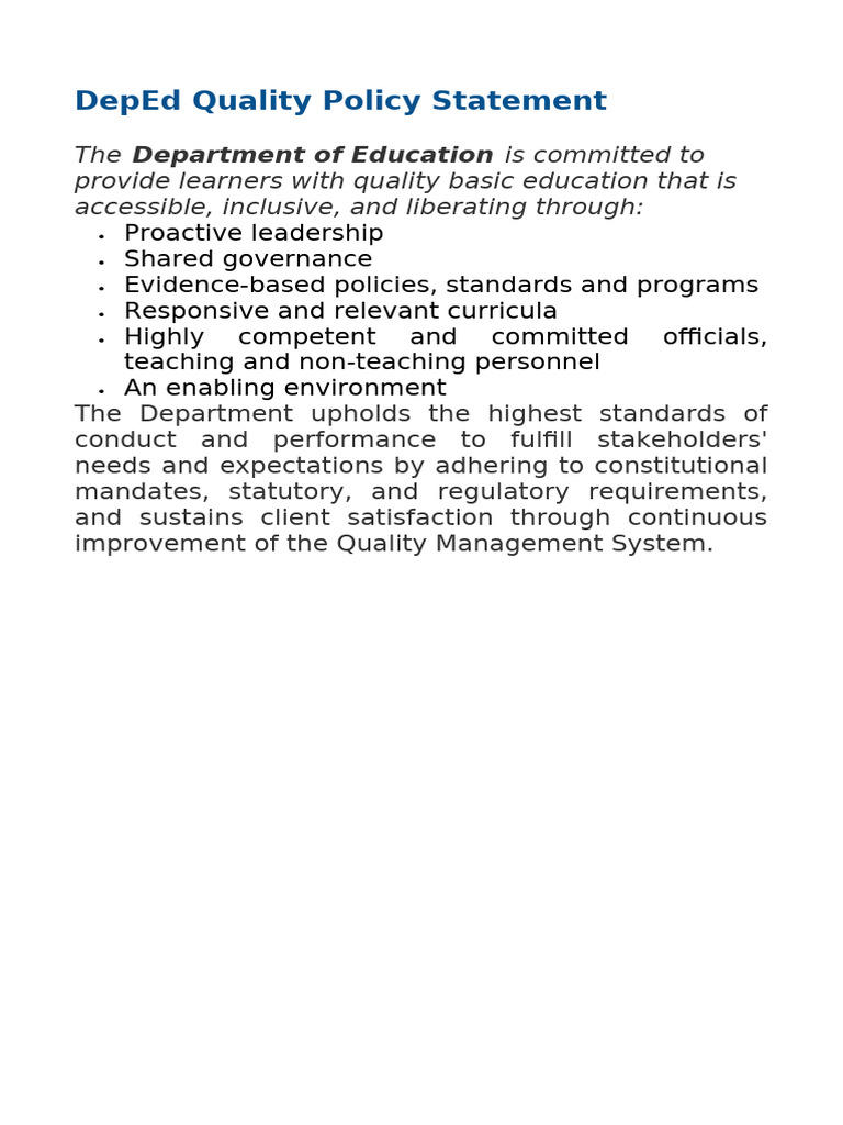 DepEd Quality Education Commitment | PDF