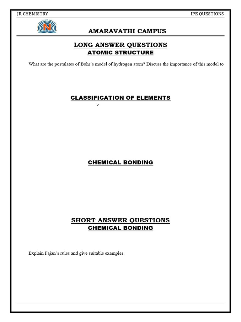 1 - JR Chemistry Ipe Questions | PDF | Chemical Bond | Chemistry