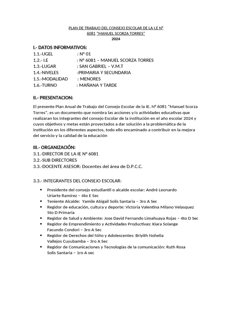 Plan Anual Consejo Escolar 2024 I.E. 6081 | PDF | Salón de clases