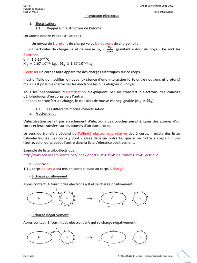 Cours Elec CH1 Introduction | PDF | Charge électrique | Noyau atomique