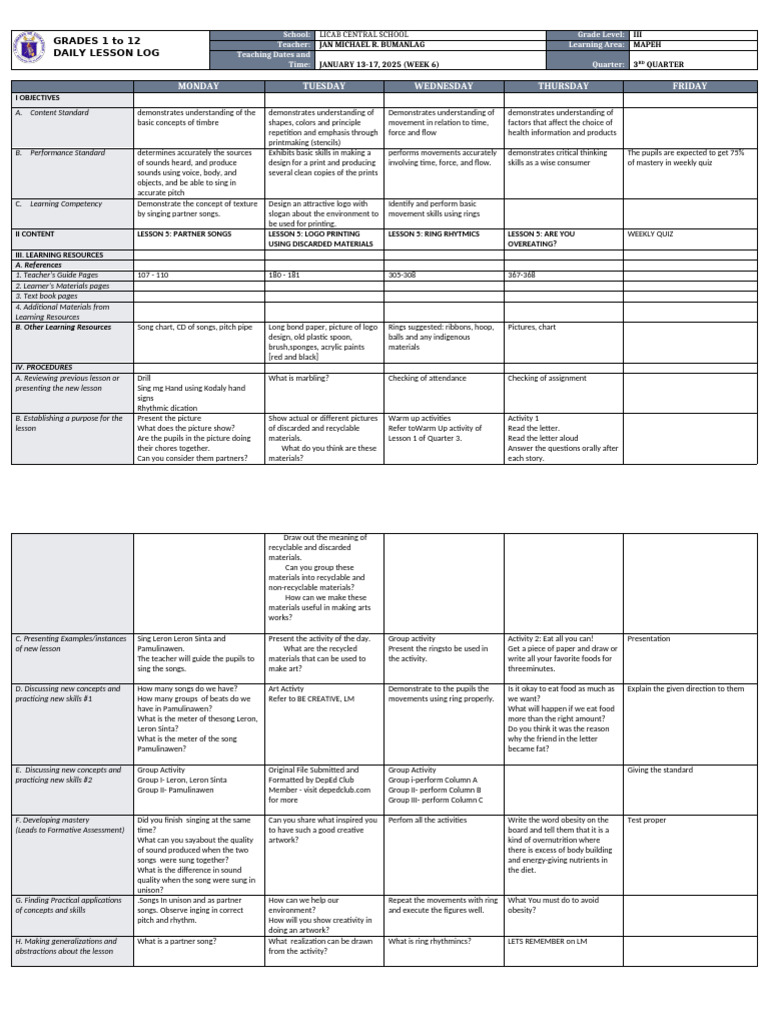 DLL_MAPEH 3_Q3_W6 | PDF | Learning | Teachers