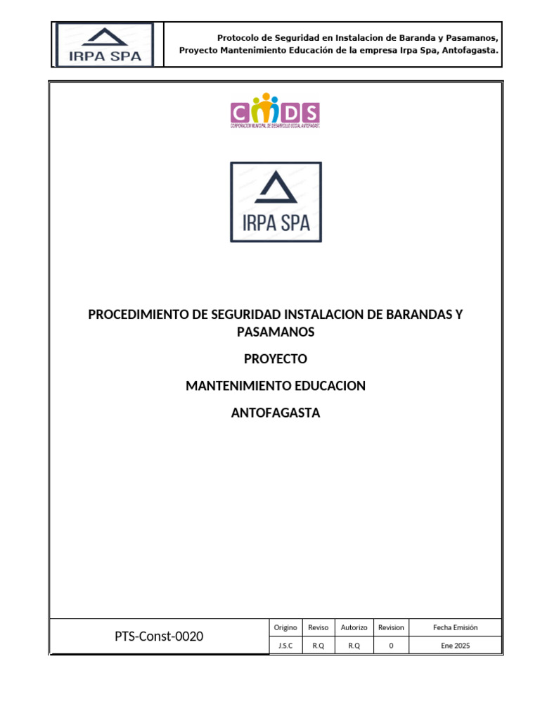 Protocolo de Seguridad para Instalacion de Barandas y Pasamanos Mantencion Educacion | PDF