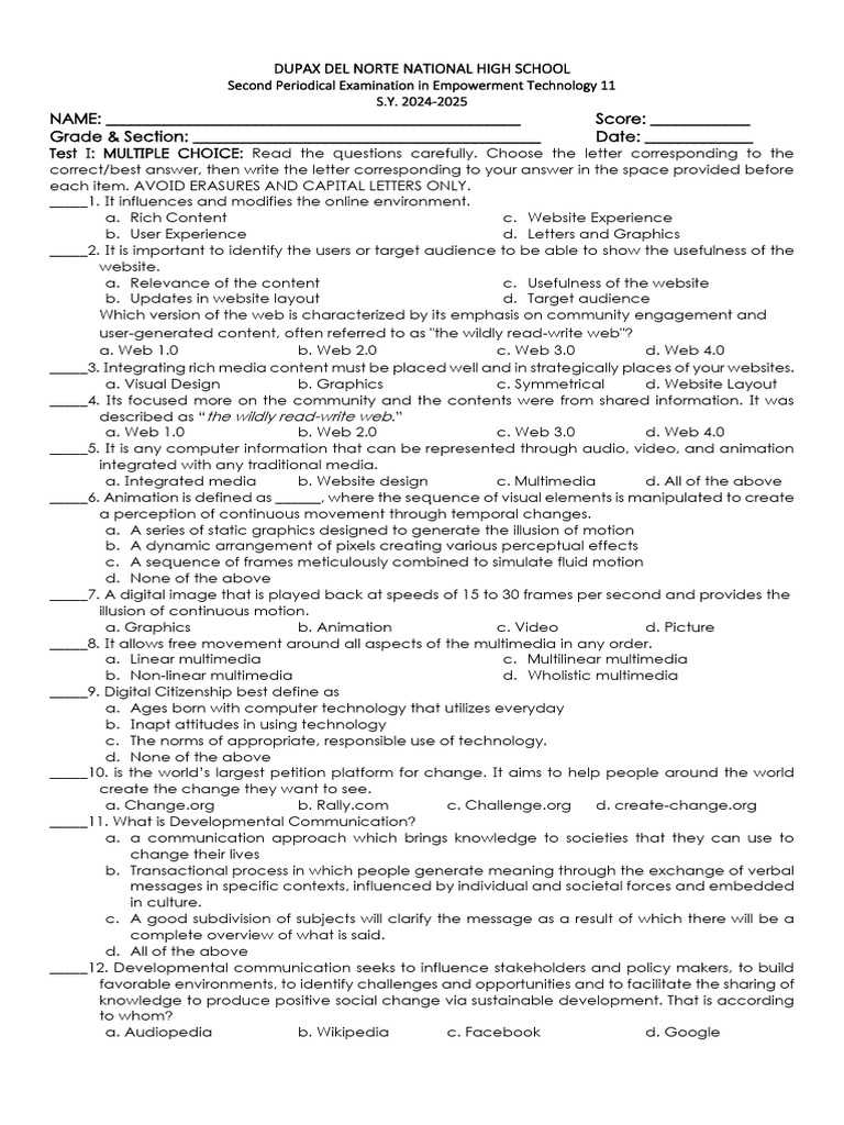EmTech Q2 Exam 35 Copies | PDF | Prototype | Communication