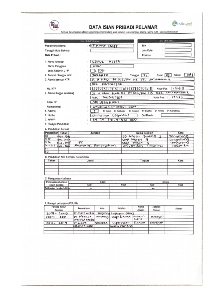 Data Isian Pribadi Pelamar | PDF