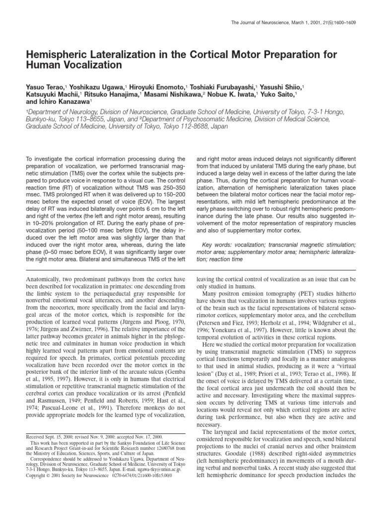 Hemispheric Lateralization in The Cortical Motor Preparation For Human ...